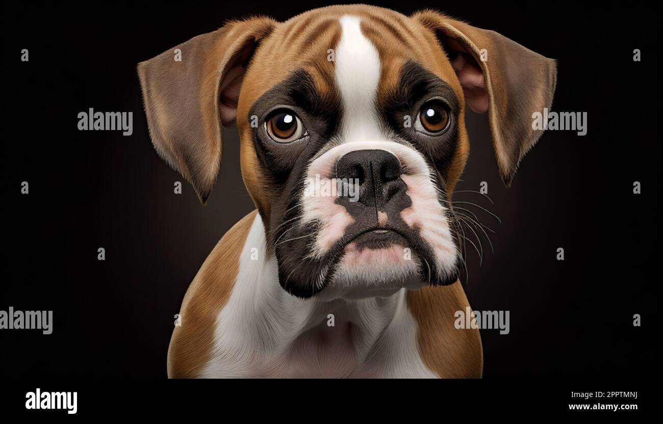 A boxer dog stands in a studio setting, facing the camera and ready to ...