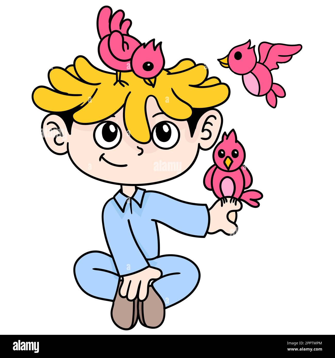 the boy happily plays with the birds, doodle icon image kawaii Stock ...