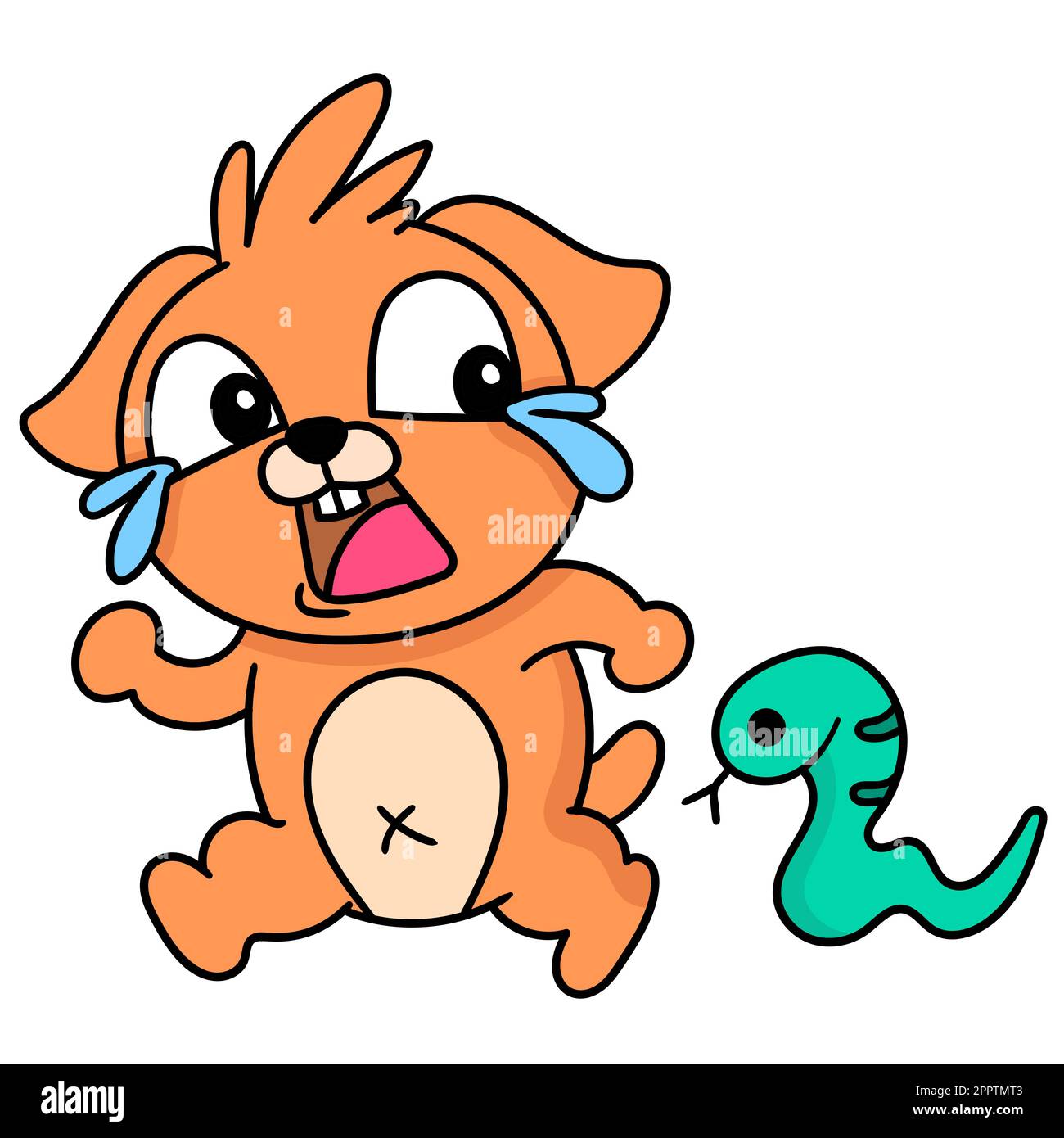 The puppy runs scared crying being chased by the snake, doodle icon ...