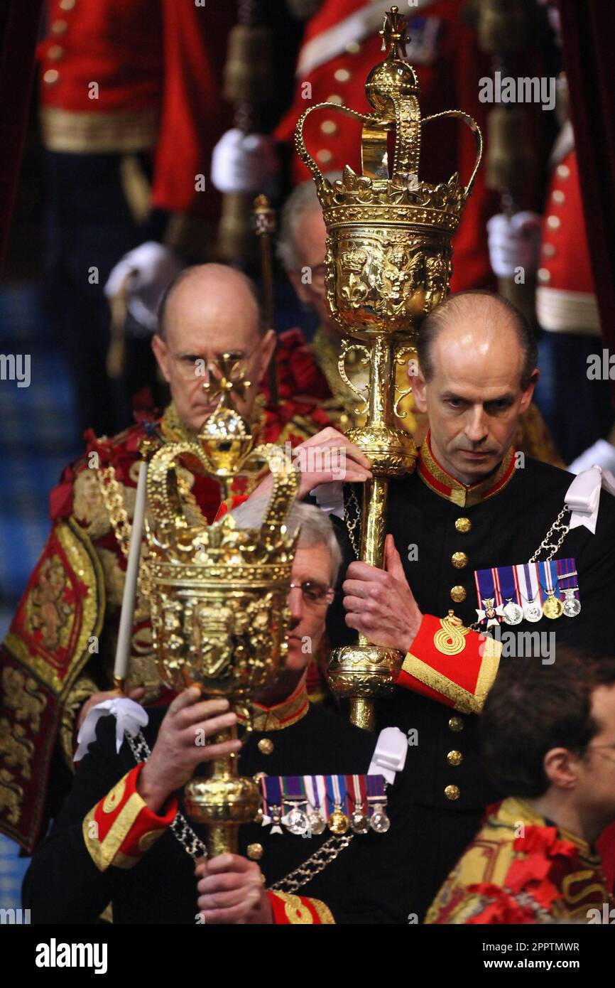 File photo dated 09/05/12 of guardsmen carrying ceremonial maces into ...