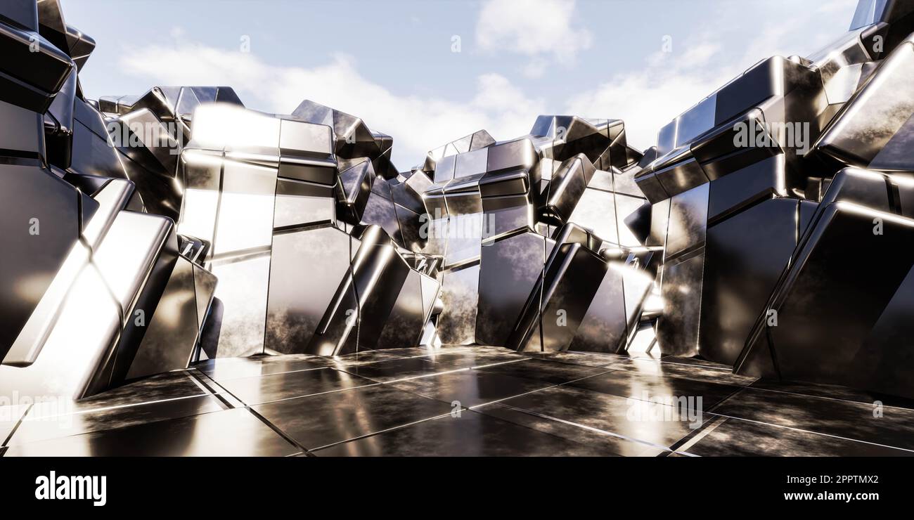 metallic wall of futuristic building in sunny day lighting 3d render ...