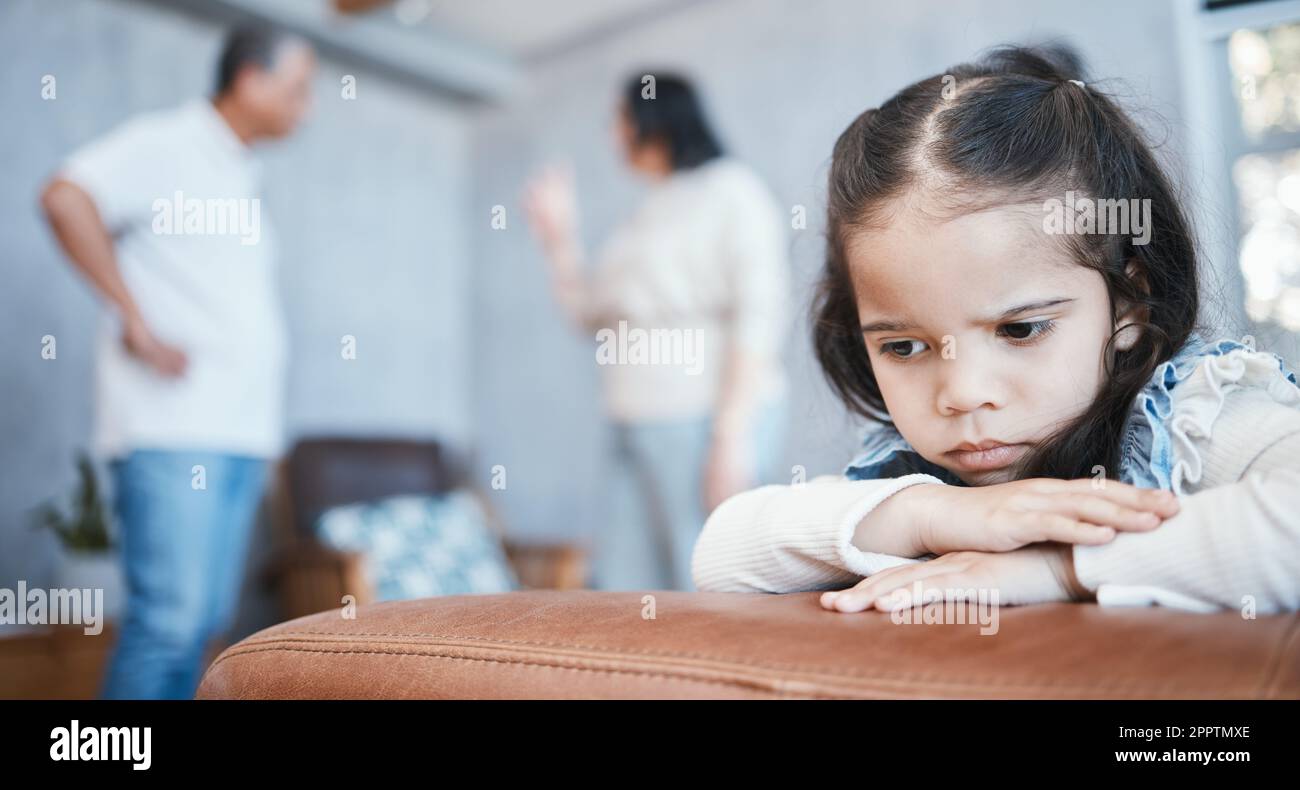 Fight, mother and father with girl, conflict and argument at home ...