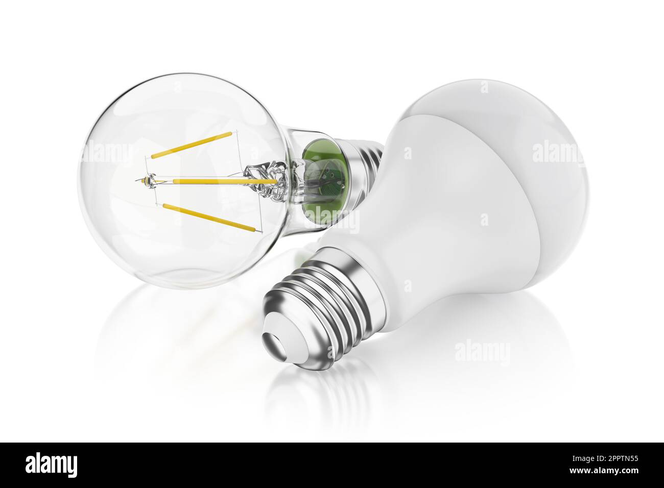 Two LED light bulbs with e27 base isolated on white background. 3D ...