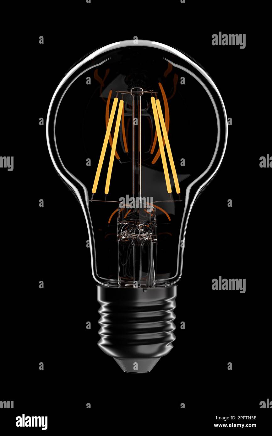 LED filament light bulb with e27 base on black background. 3D rendering ...