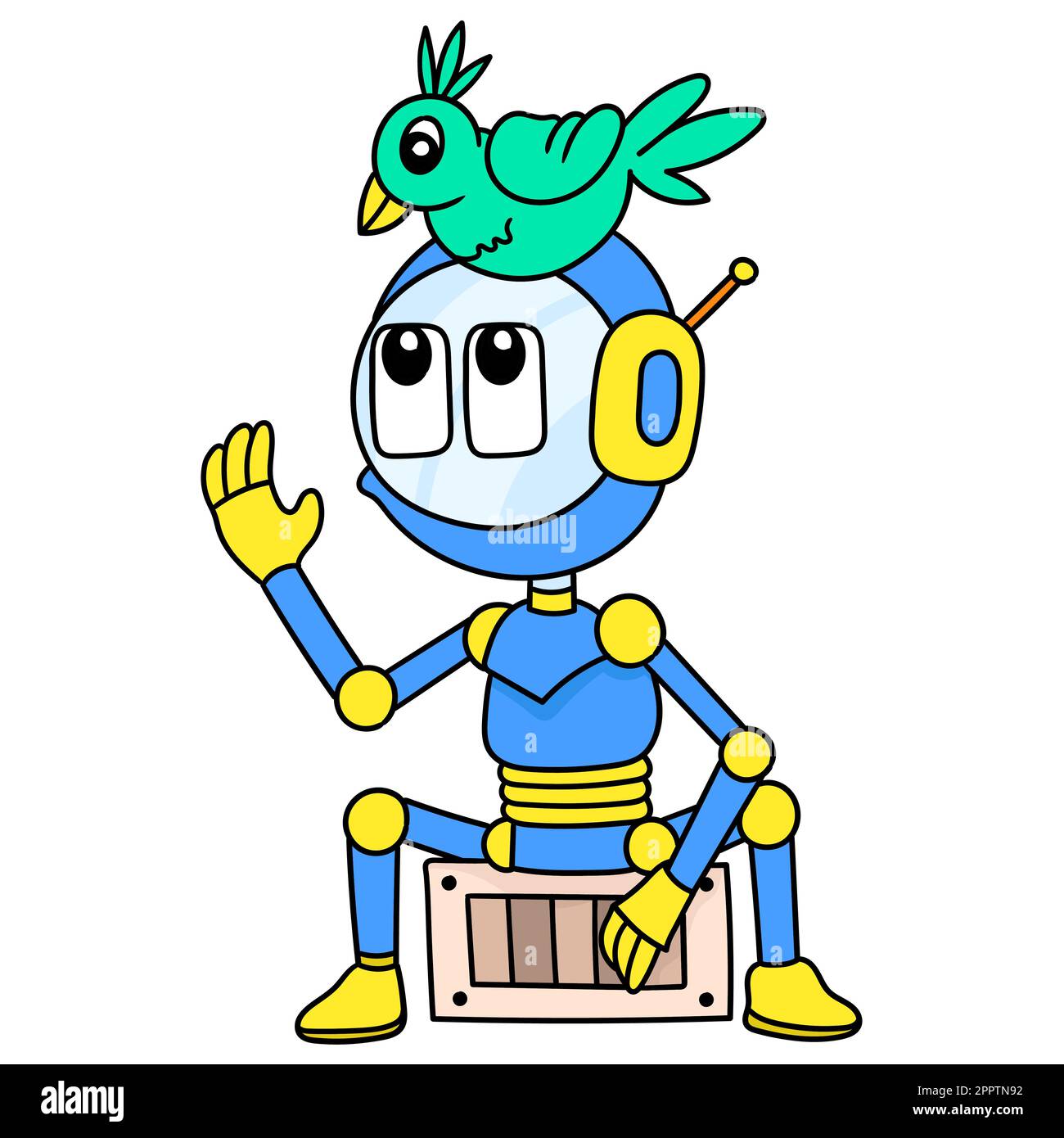cute robot is sitting and playing with little bird friends, doodle icon ...