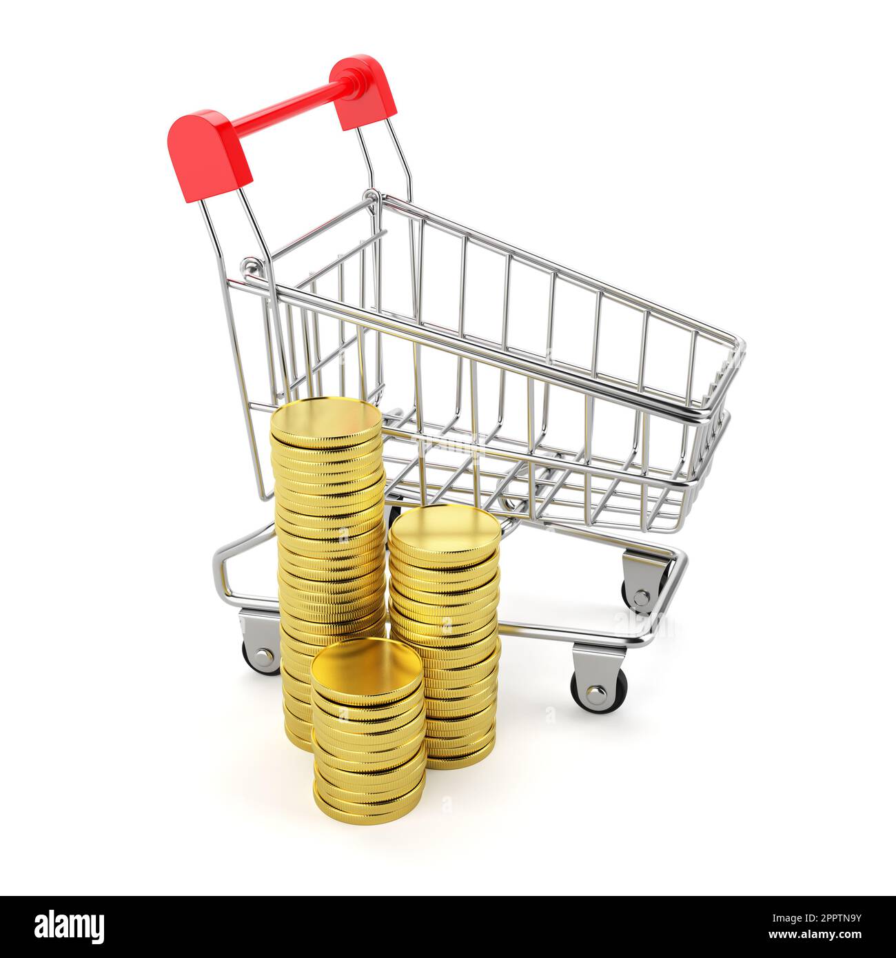 Shopping cart and golden coin stacks isolated on white background. 3D ...