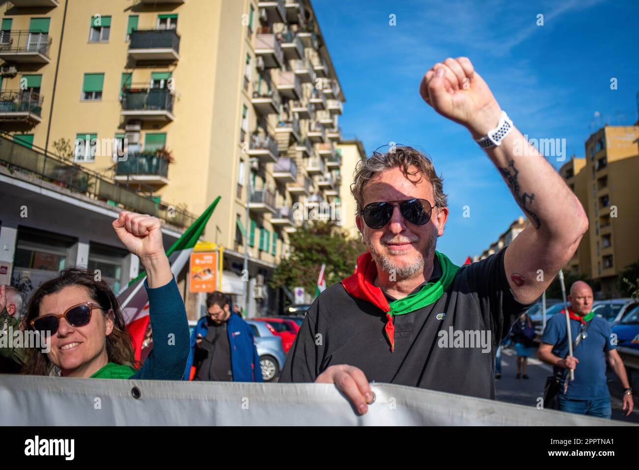 Rome, Italy. 22nd Apr, 2023. Protesters with left arms raised seen ...
