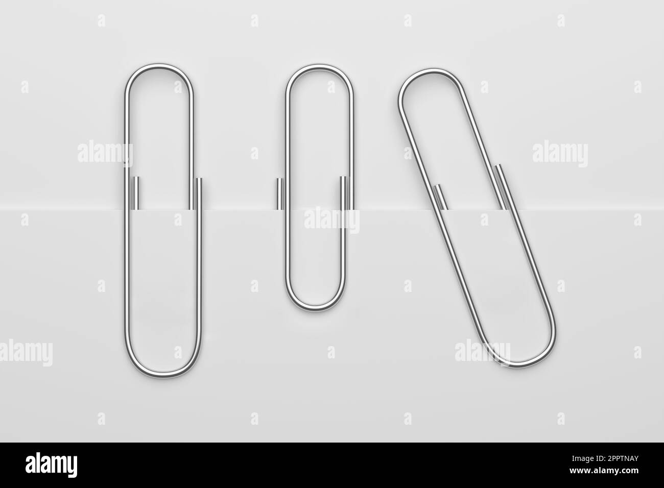 Silver paper clips attached to white paper. 3D rendering illustration ...