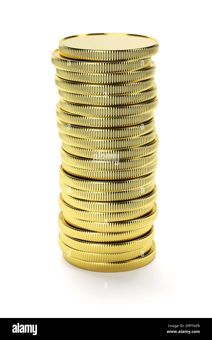 Golden coin stack isolated on white background. 3D rendering ...