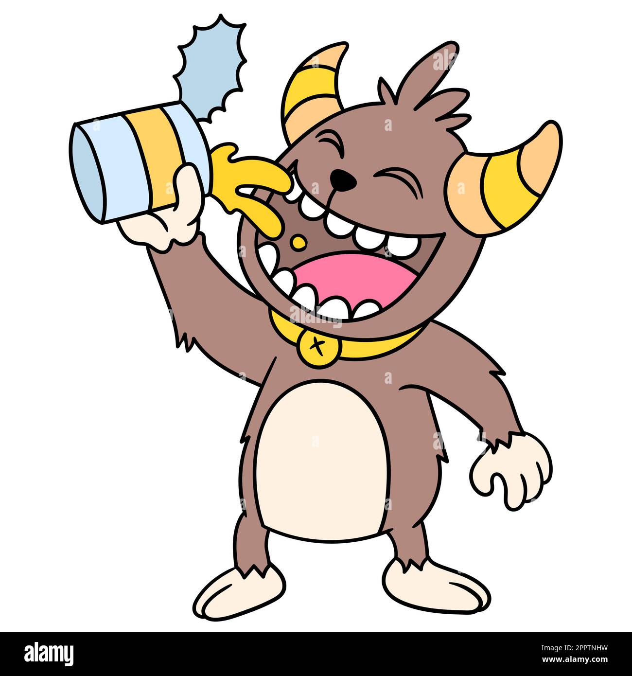 greedy monsters are eating up the delicious canned food, doodle icon ...