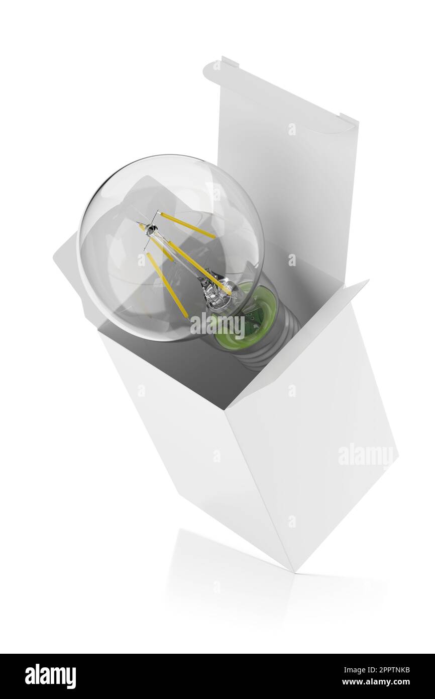 LED filament light bulb in blank paper box isolated on white. Mock up ...