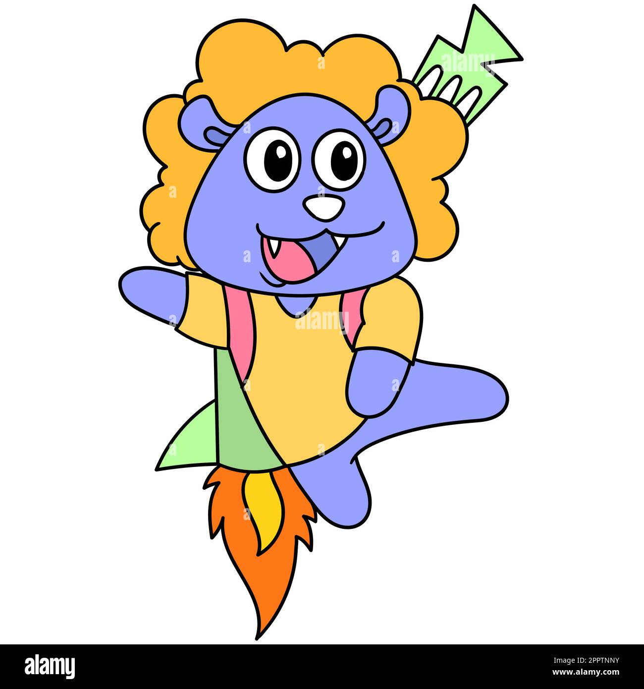 cartoon creature is flying using rocket launcher, doodle icon image ...