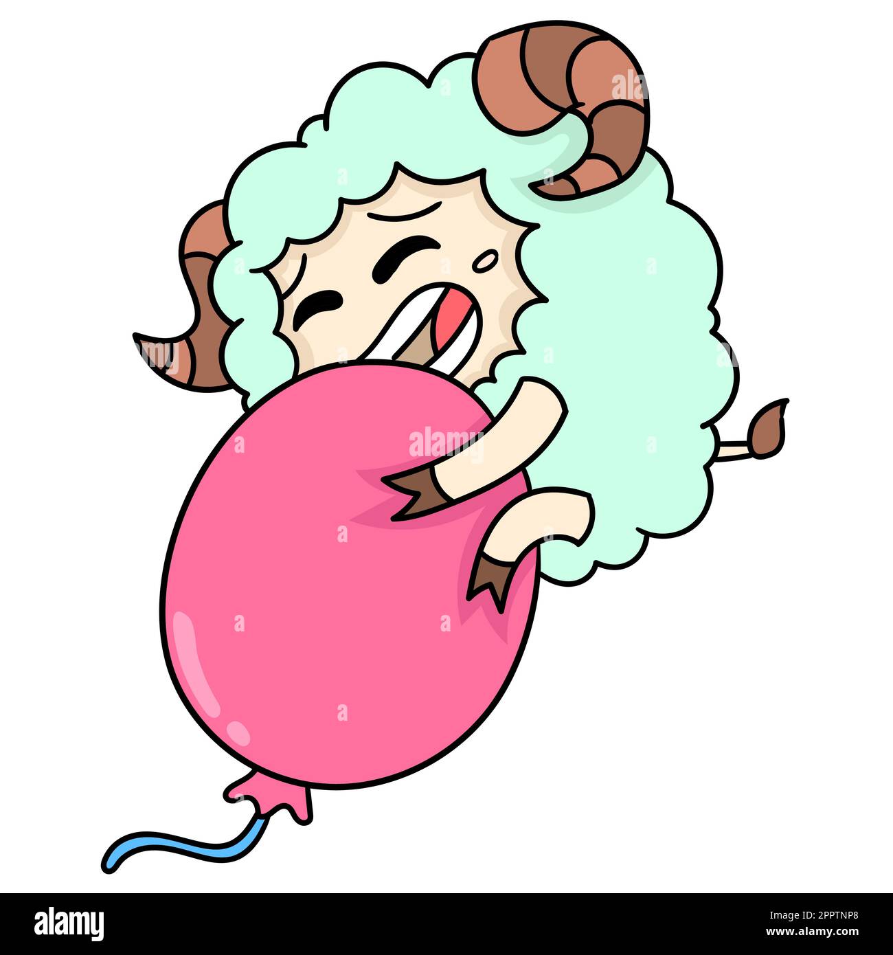 a fluffy sheep with a happy face hugging a balloon, doodle icon image ...