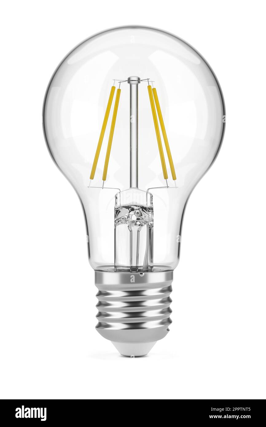 LED filament light bulb with e27 base isolated on white background. 3D ...