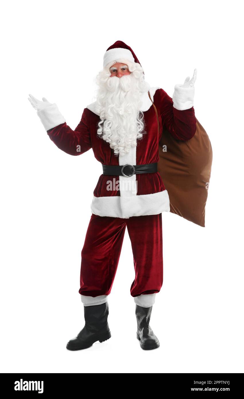 Santa Claus with sack on white background Stock Photo - Alamy