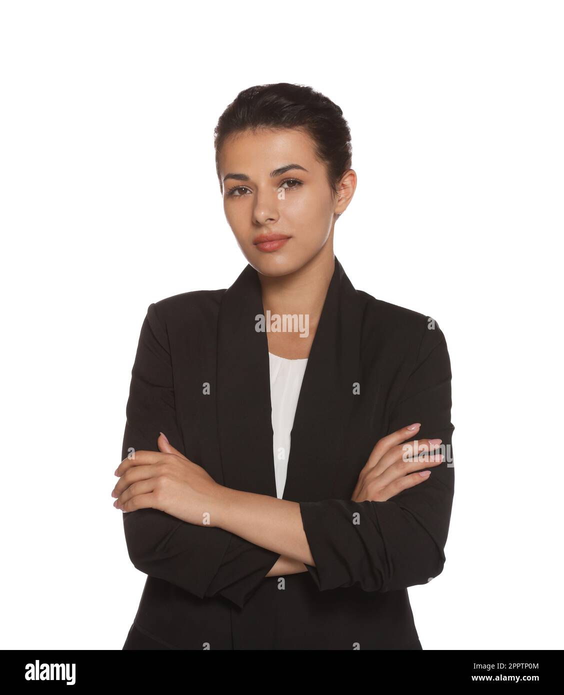 Portrait of hostess in uniform on white background Stock Photo - Alamy
