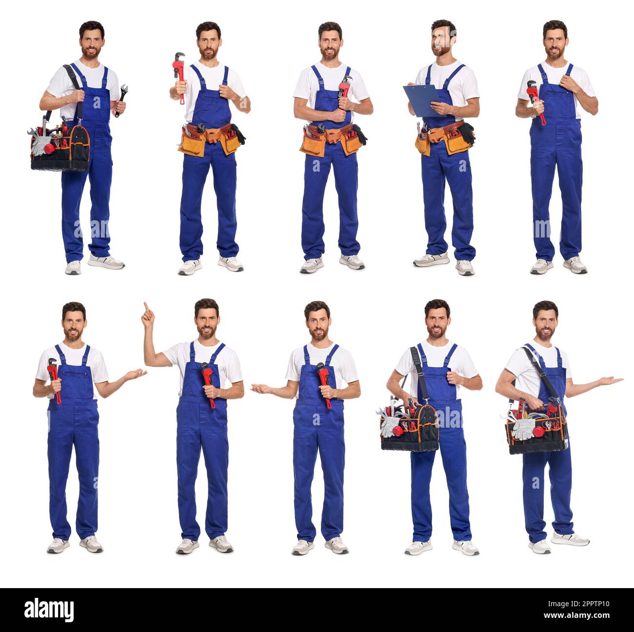 Collage with photos of professional plumber on white background Stock ...