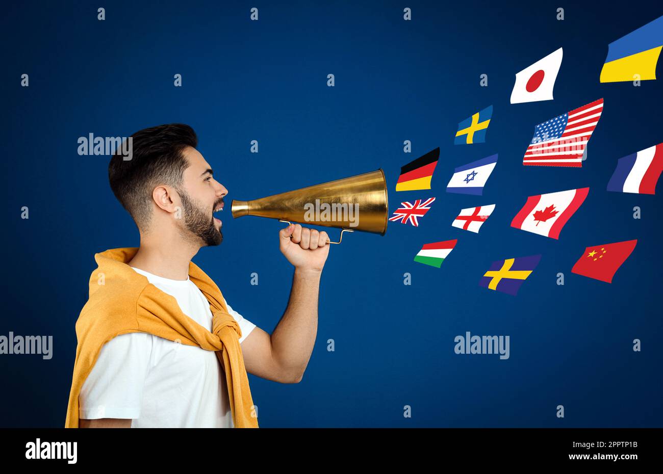 Portrait of interpreter with megaphone and flags of different countries ...