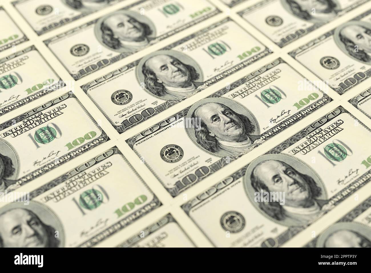 Row of American USA hundred dollar bills. 3D rendering illustration ...