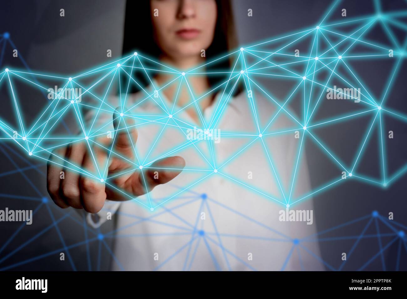 Woman using virtual screen with connection lines presenting innovation ...