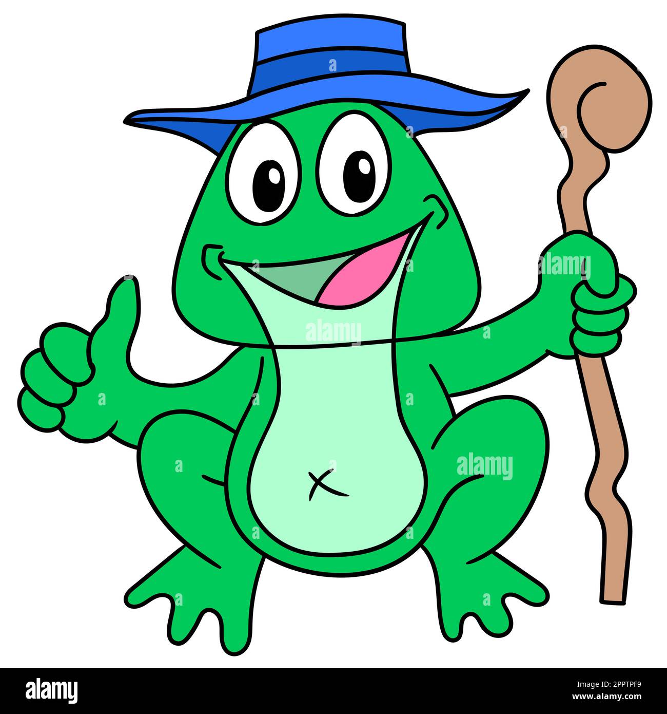 an old frog carrying a stick face smiling happily, doodle icon image ...