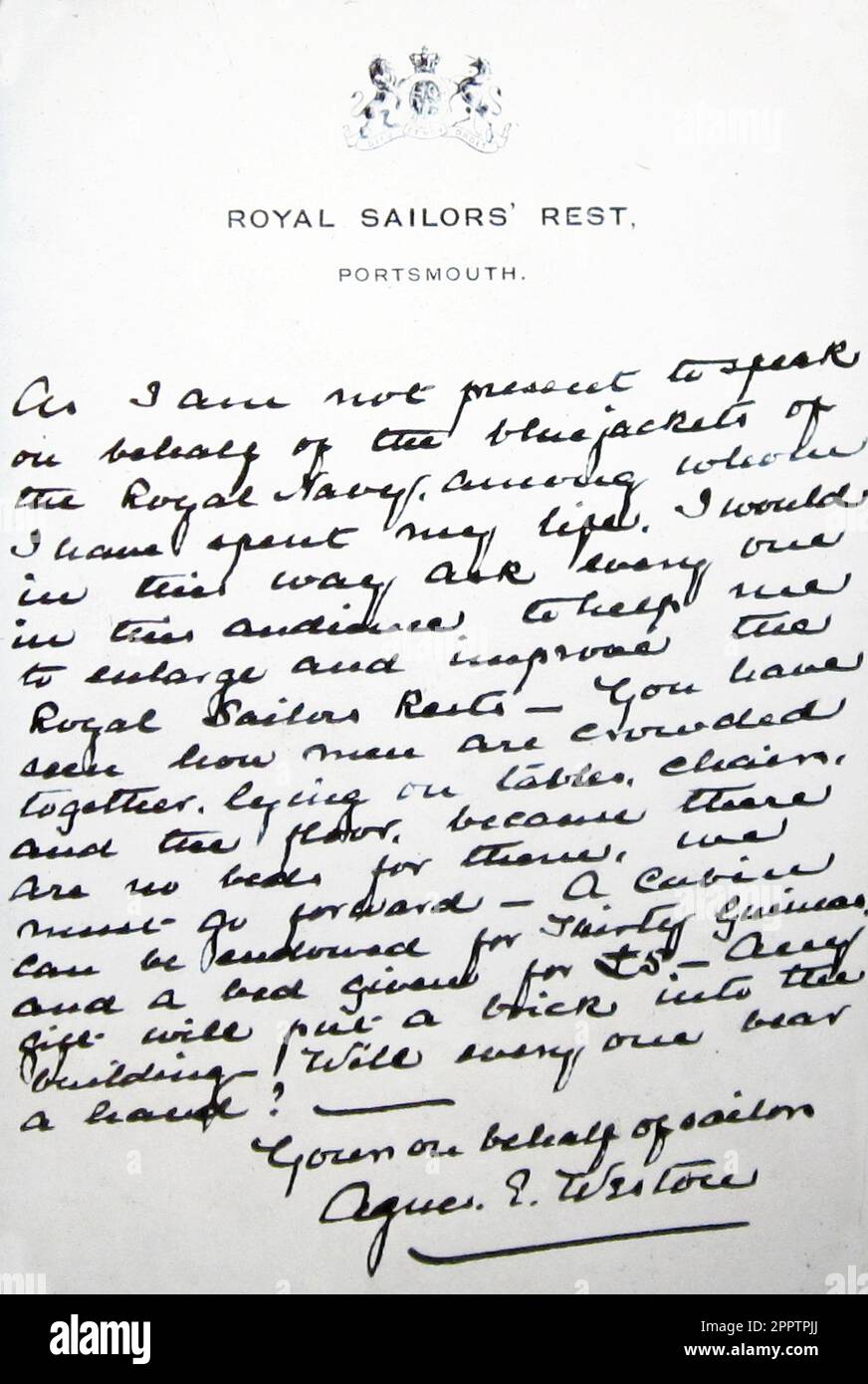 Letter written by Agnes Weston, Royal Sailors Rest, Portsmouth, early ...