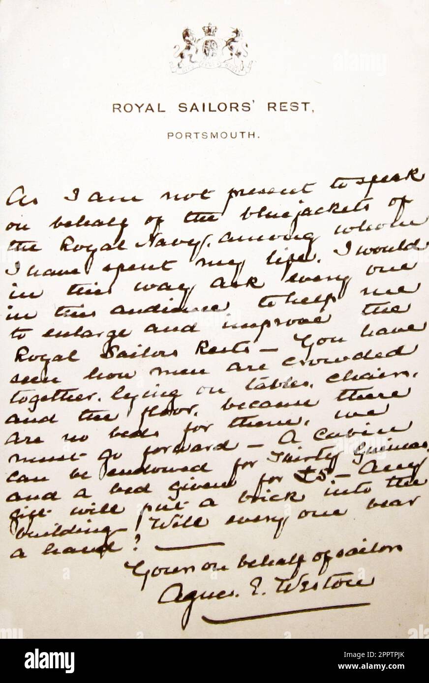 Letter written by Agnes Weston, Royal Sailors Rest, Portsmouth, early ...