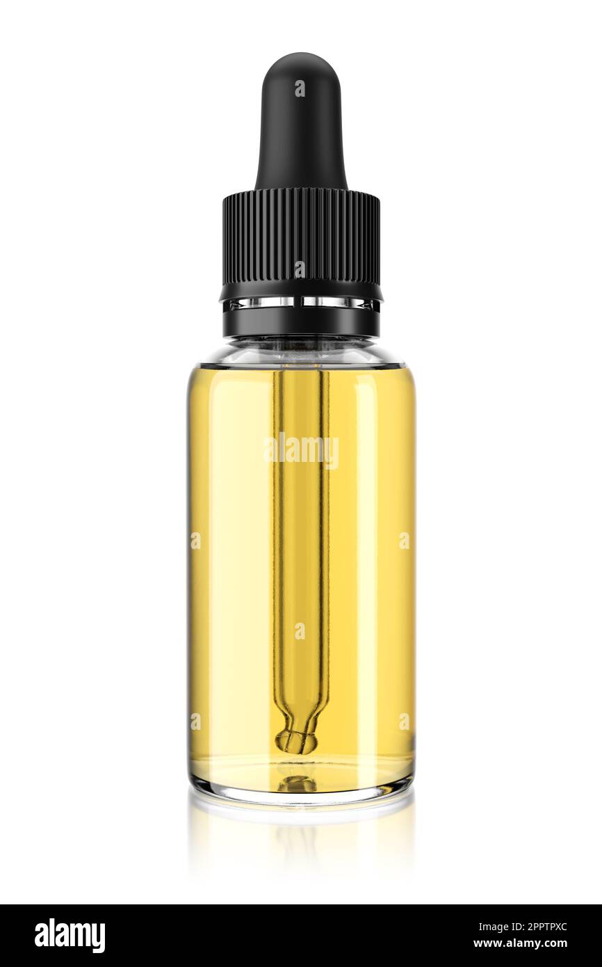 Clear bottle with dropper and oil isolated on white background. 3d ...