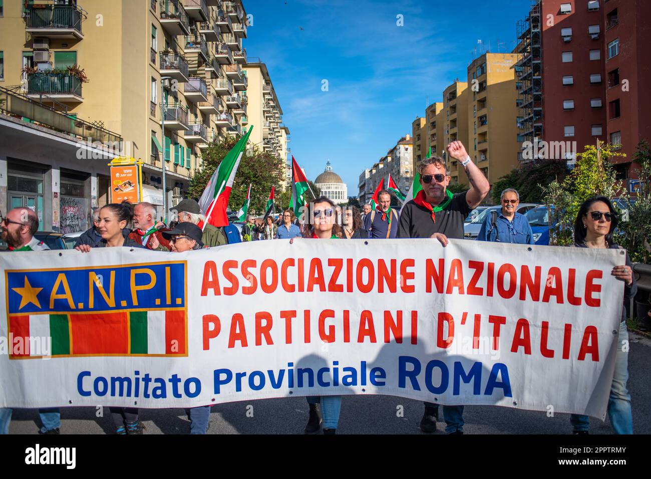 April 22, 2023, Rome, Italy: Protesters march behind the ANPI banner ...