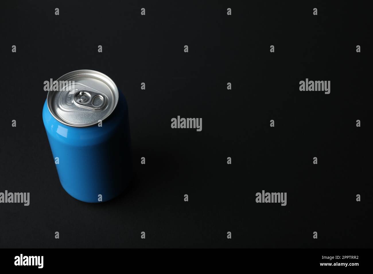 Blue can of energy drink on black background. Space for text Stock ...