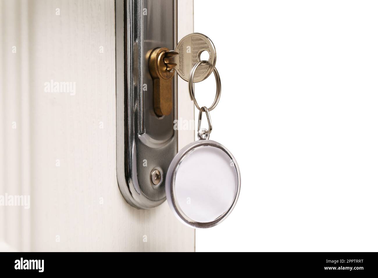 Key with fob in door lock, closeup. Space for text Stock Photo - Alamy