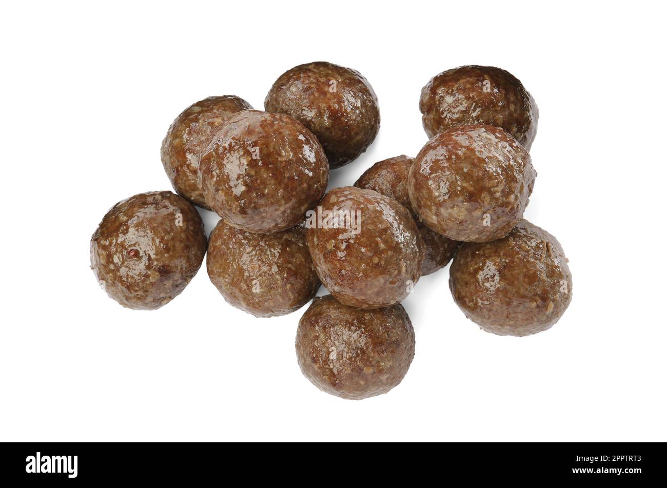 Pile of tasty cooked meatballs on white background, top view Stock ...