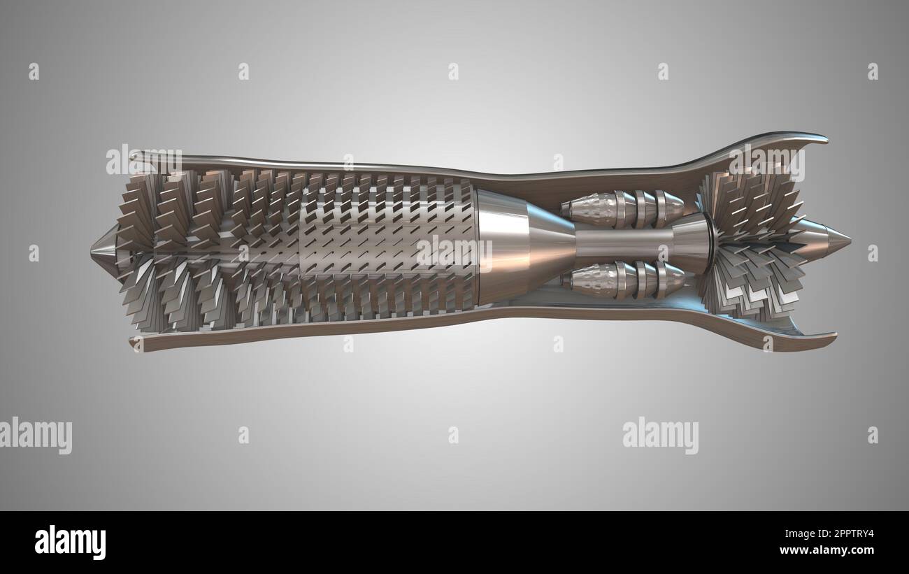 Working of turbine engine showing aerodynamics visualization and thrust ...