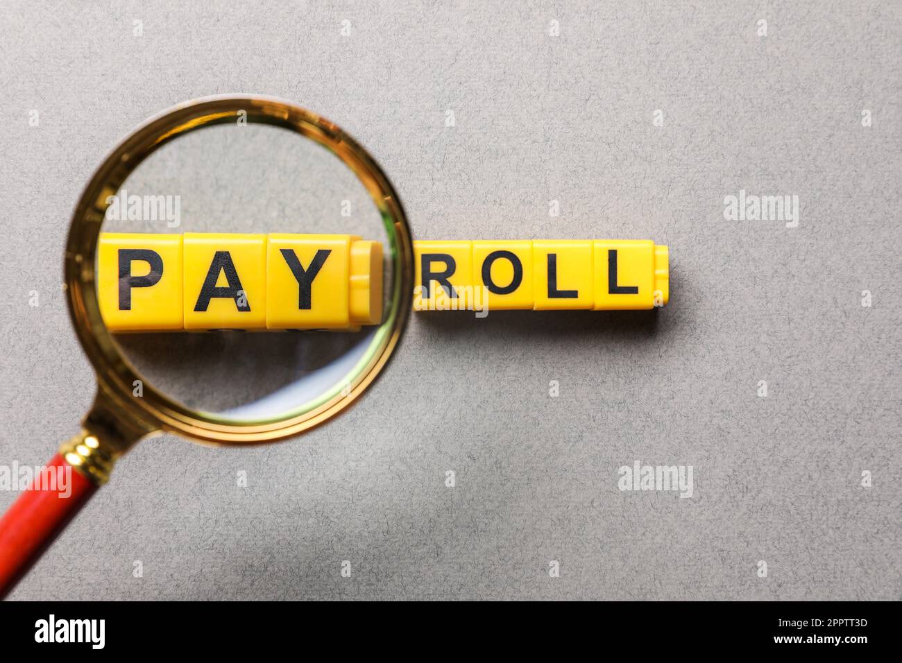 Word Payroll made with yellow cubes on light grey background, flat lay ...