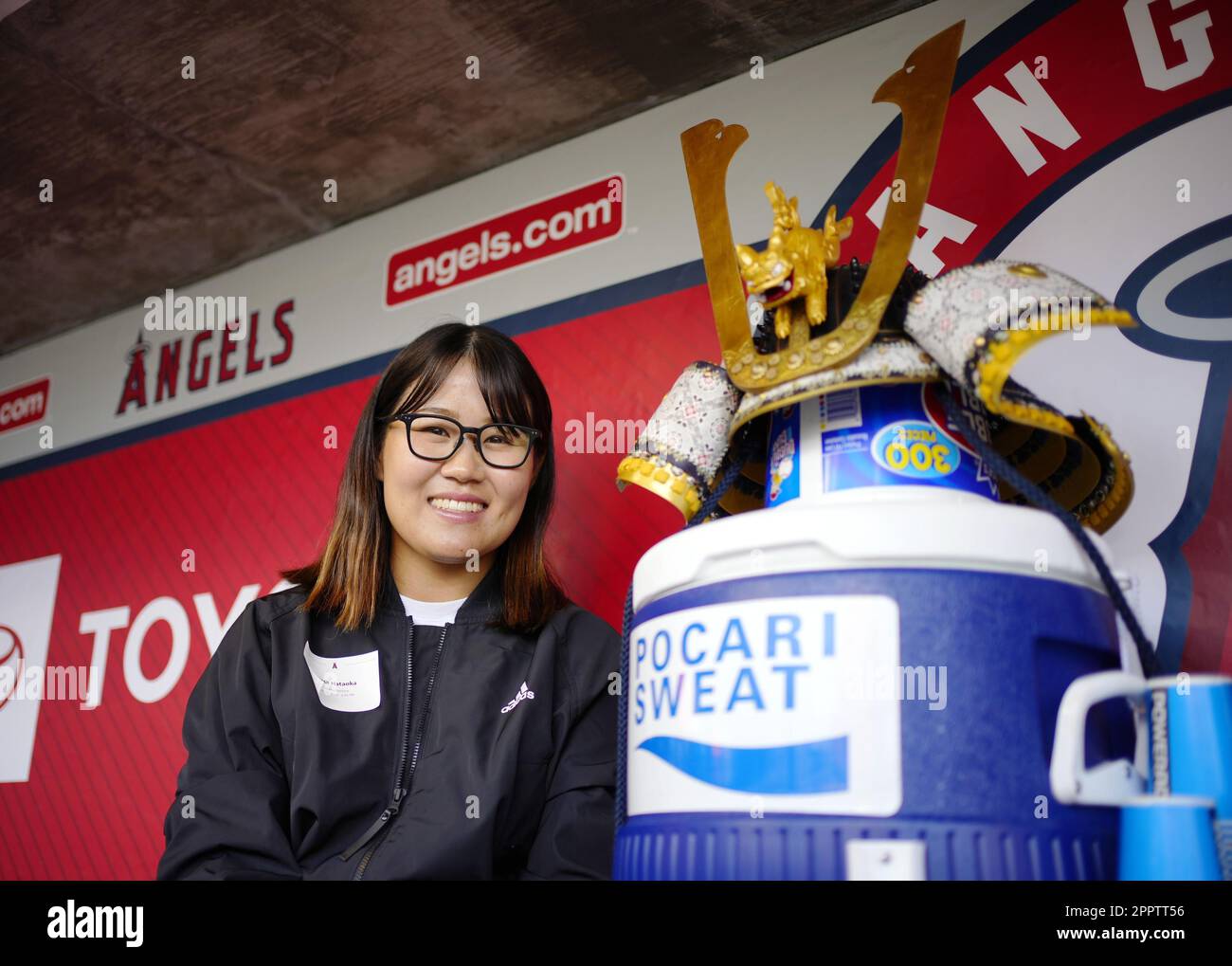 Japanese pro golfer Nasa Hataoka is pictured next to a "kabuto" warrior ...
