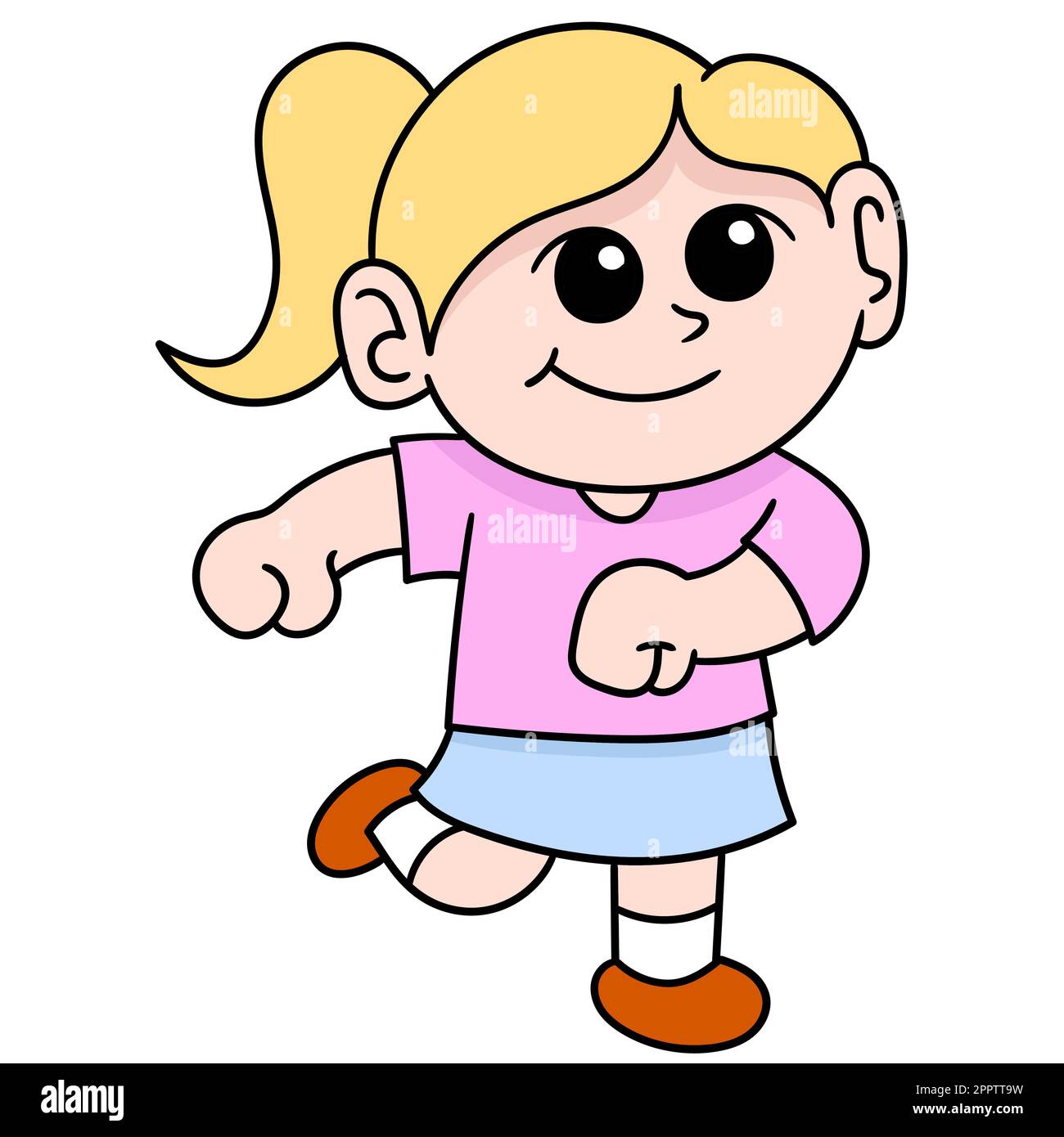 cartoon little girl with happy face running around, doodle icon image ...