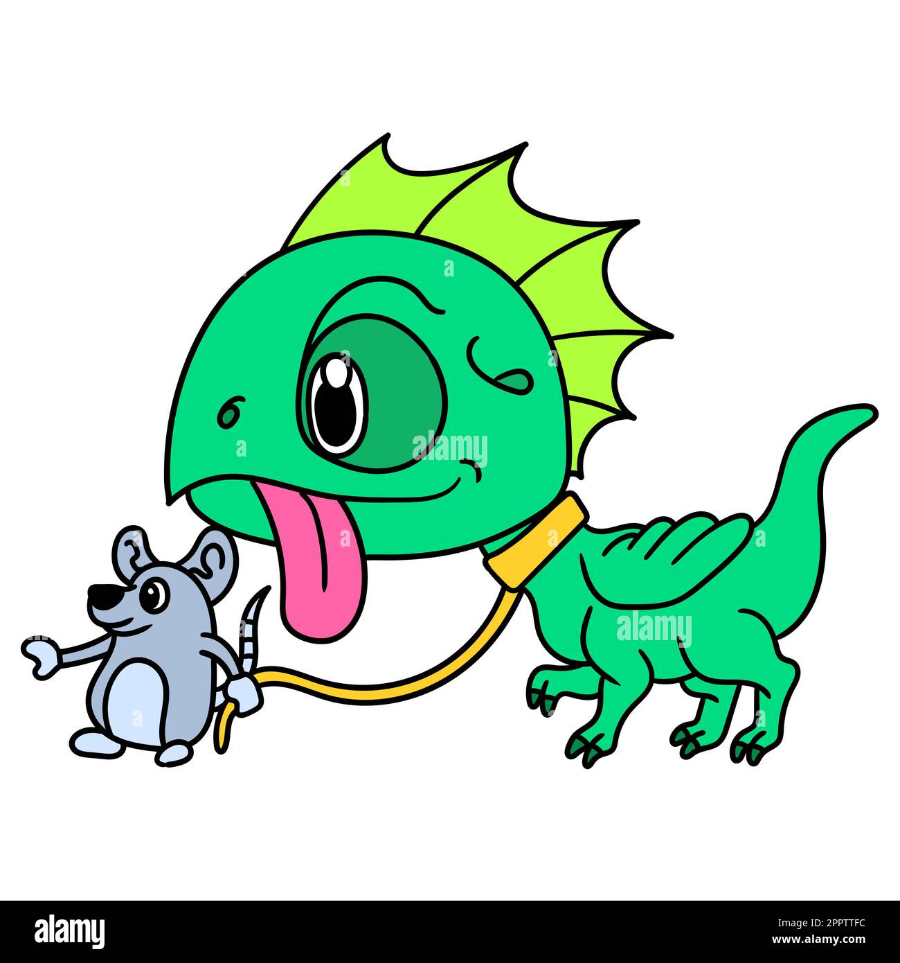 a mouse walking with his pet a dinosaur, doodle icon image kawaii Stock ...