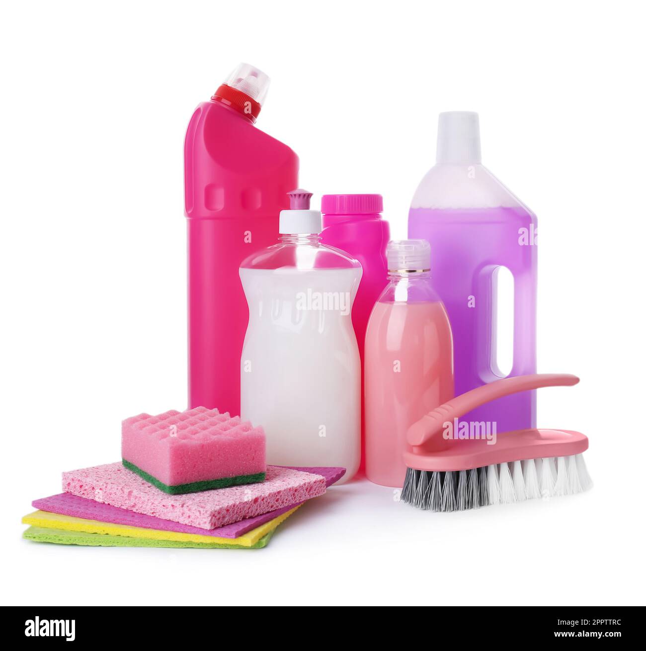 Set of different cleaning supplies on white background Stock Photo - Alamy