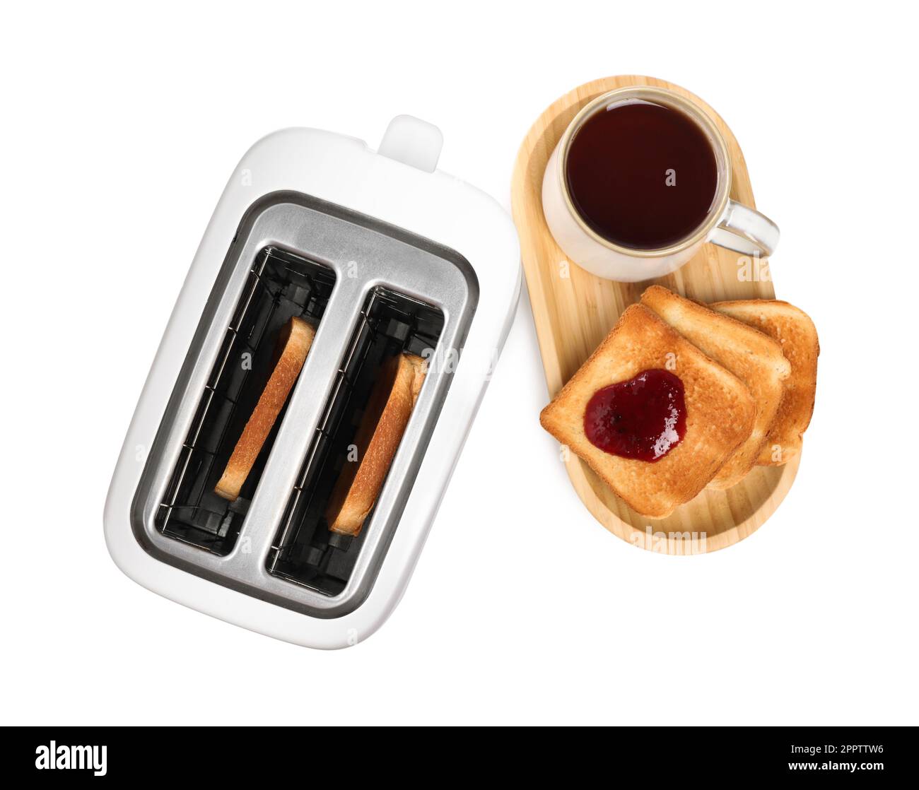 Toaster with roasted bread, jam and tea on white background, top view ...