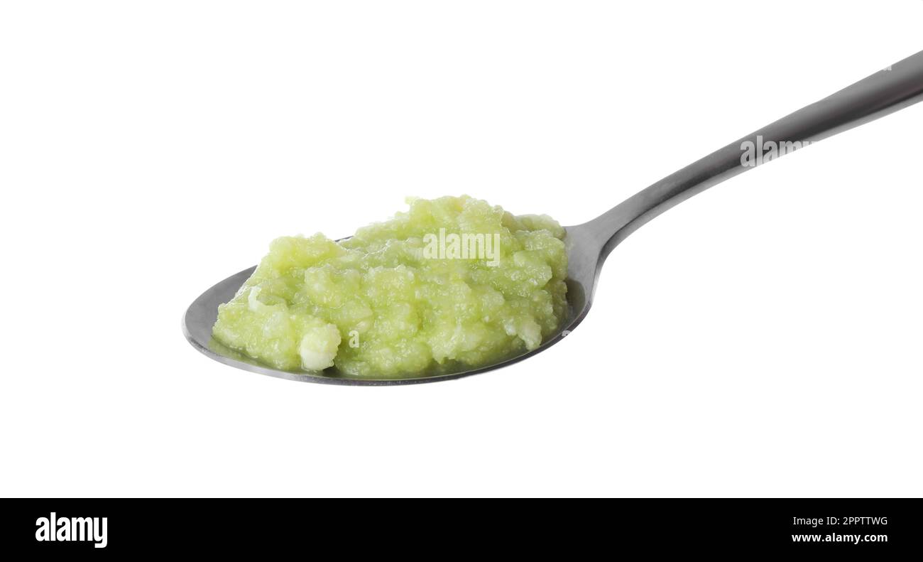 Spoon with tasty puree on white background Stock Photo - Alamy