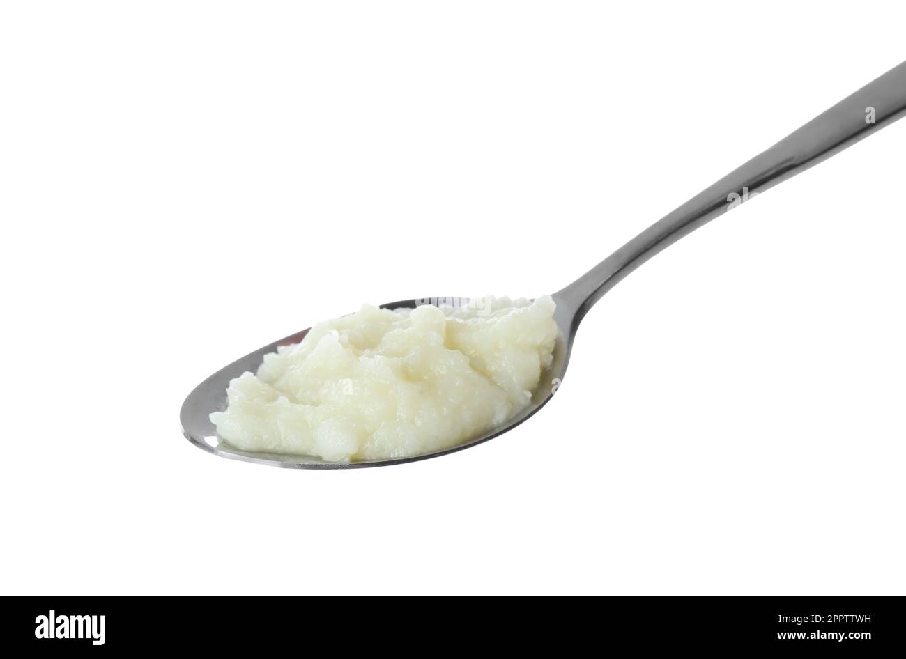 Spoon with tasty puree on white background Stock Photo - Alamy