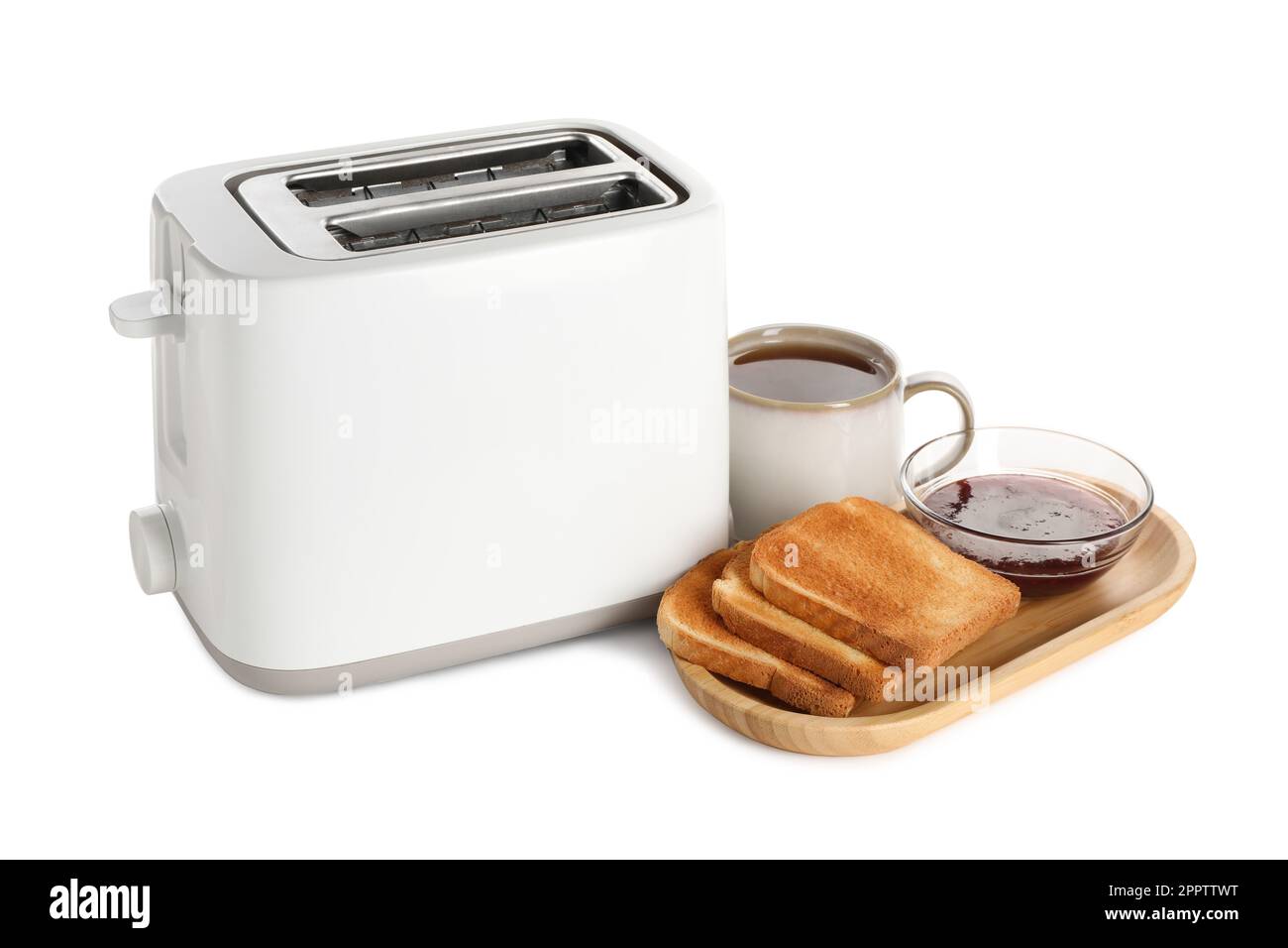 Toaster, roasted bread with jam and tea on white background Stock Photo ...
