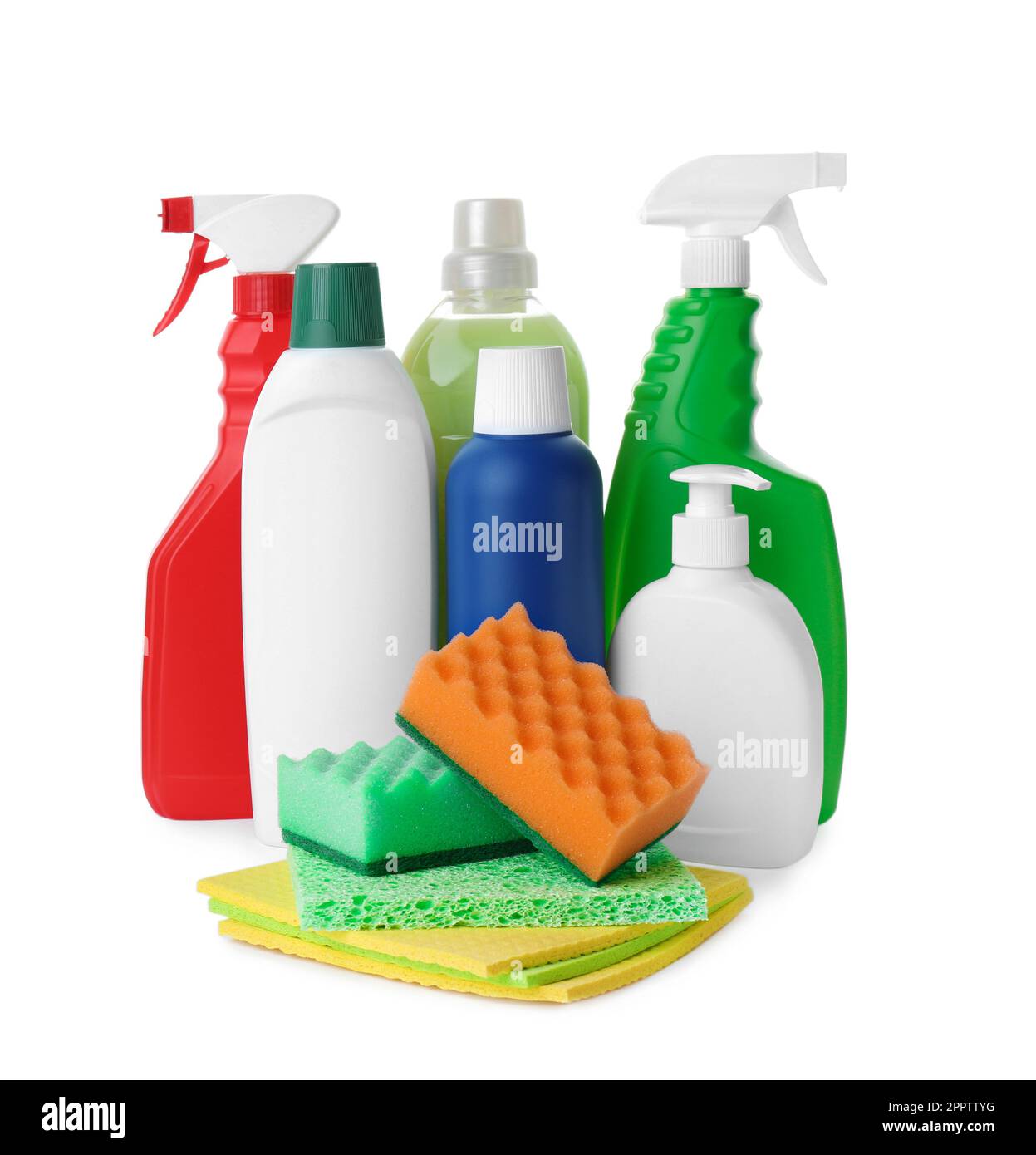 Set of different cleaning supplies on white background Stock Photo - Alamy