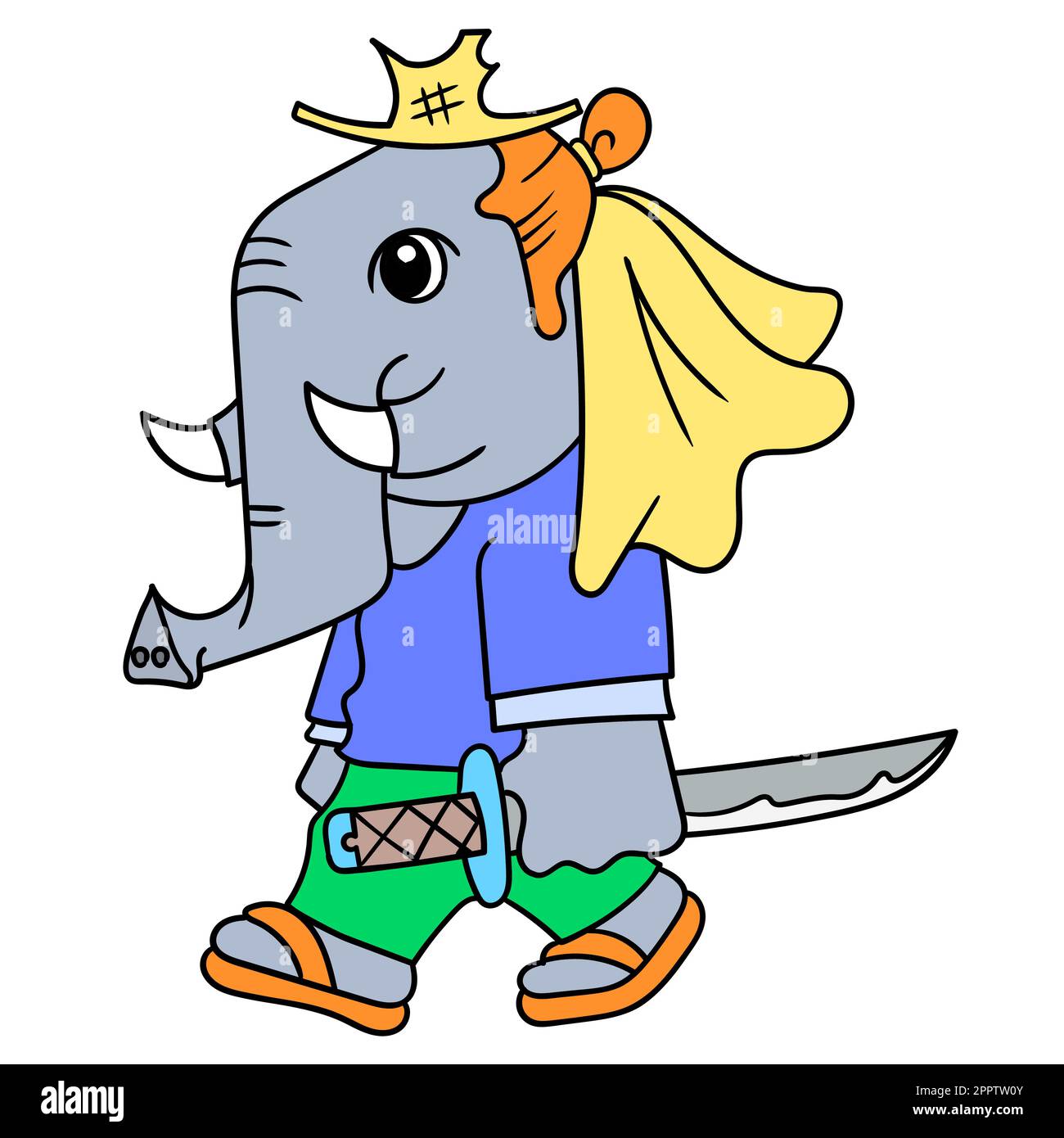 elephant samurai warrior carrying katana sword ready to fight, doodle ...