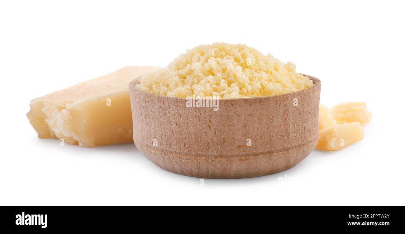 Delicious grated parmesan cheese on white background Stock Photo - Alamy
