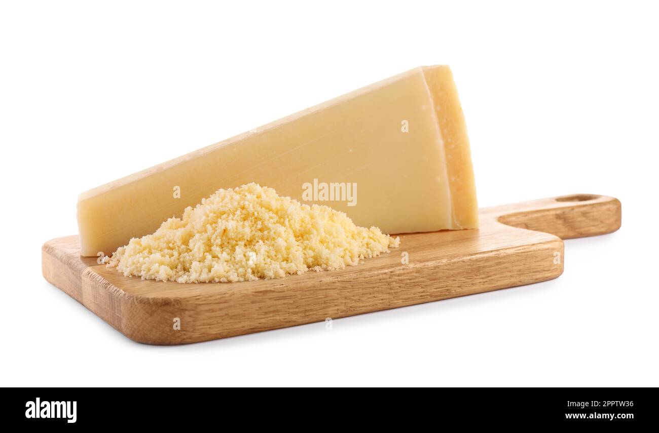 Delicious grated parmesan cheese on white background Stock Photo - Alamy