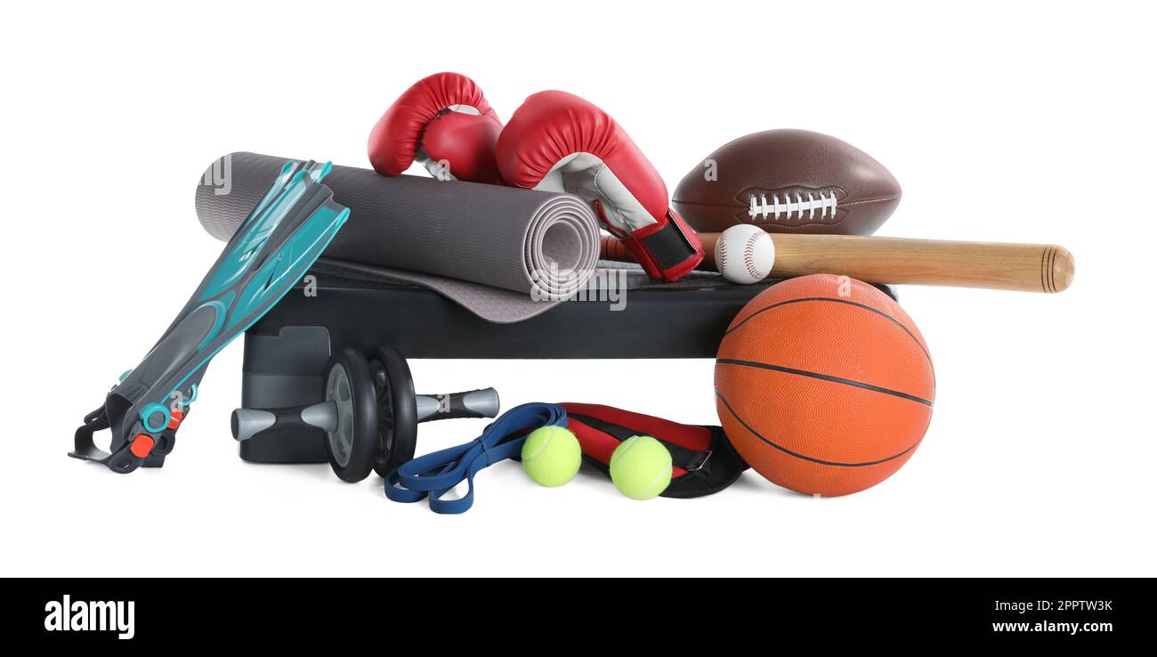 Set of different sports equipment on white background Stock Photo - Alamy