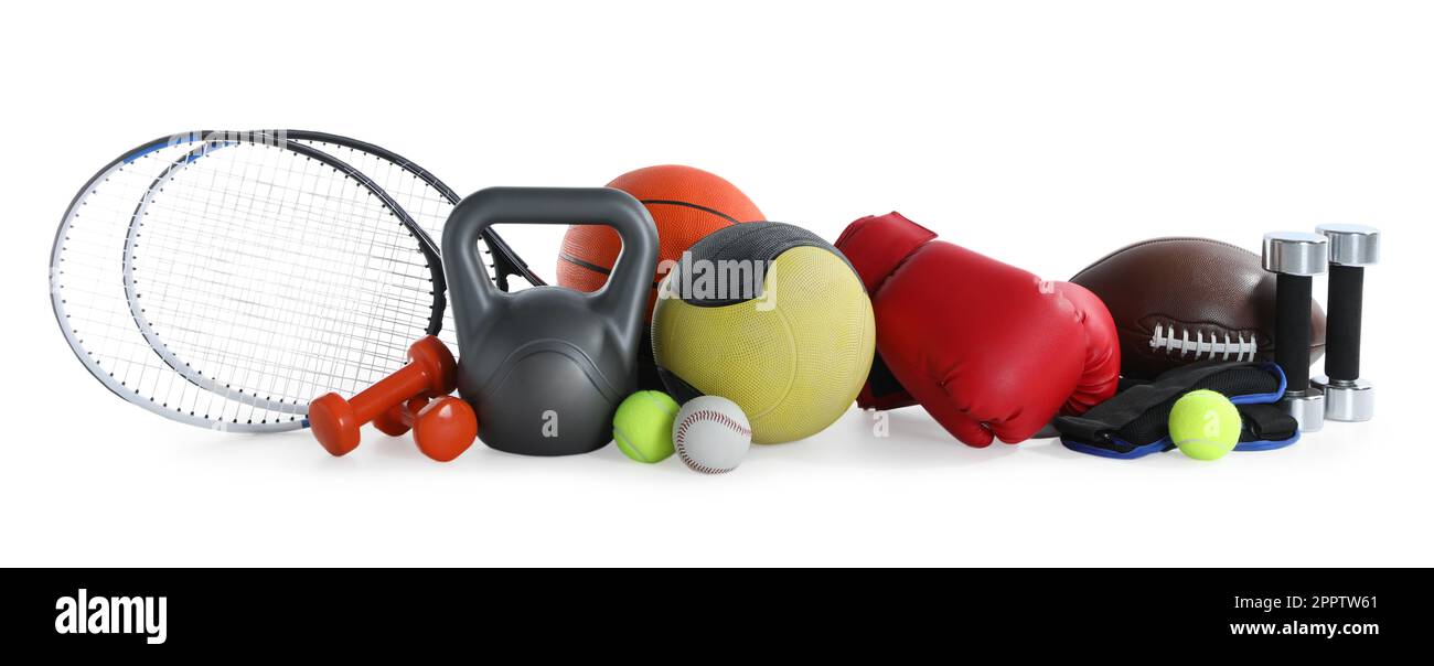 Set of different sports equipment on white background Stock Photo - Alamy
