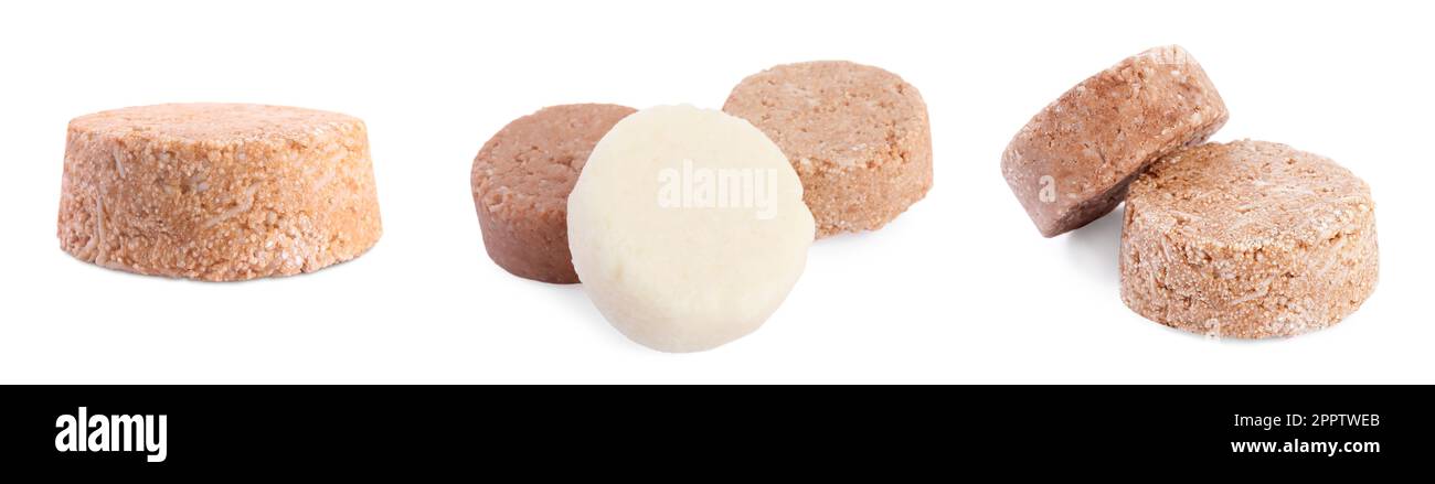 Set with solid shampoo bars on white background, banner design. Hair ...