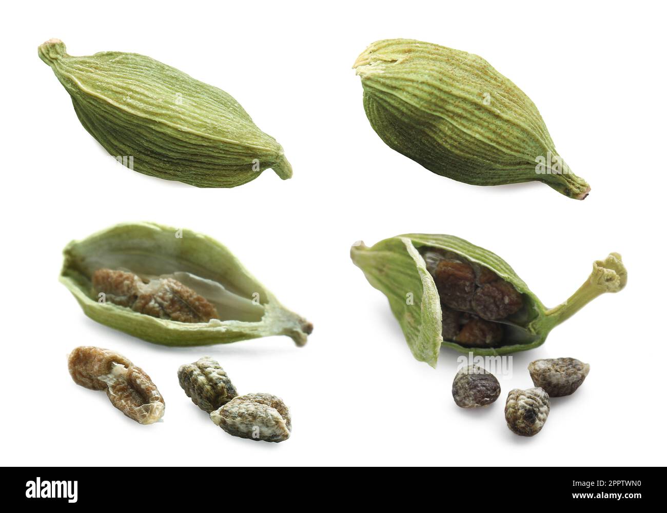 Set with green cardamom pods on white background Stock Photo - Alamy